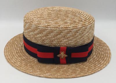 China Men Women Straw Boater Hat Fedora Panama Flat Top Ribbon Summer Wheat Straw Hard Brim for sale