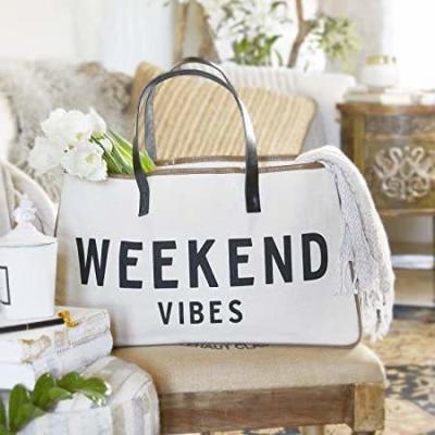 China Custom Printed Large Canvas Travel Weekend Getaway Summer Beach Tote Bag with Leather Handles for sale