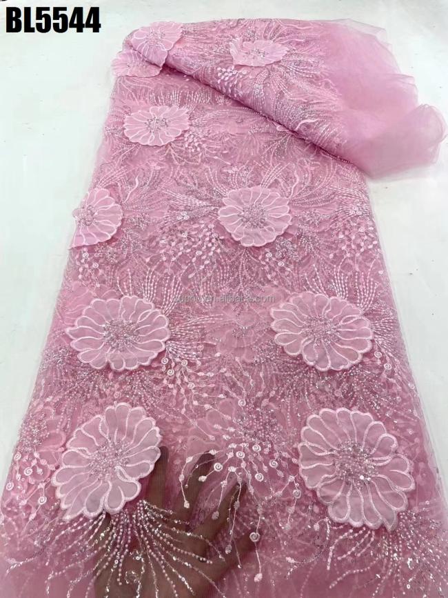 fashion fabric Dubai Lace Fabric Handmade embroidery beaded bridal lace fabric white beaded lace  for wedding evening dress