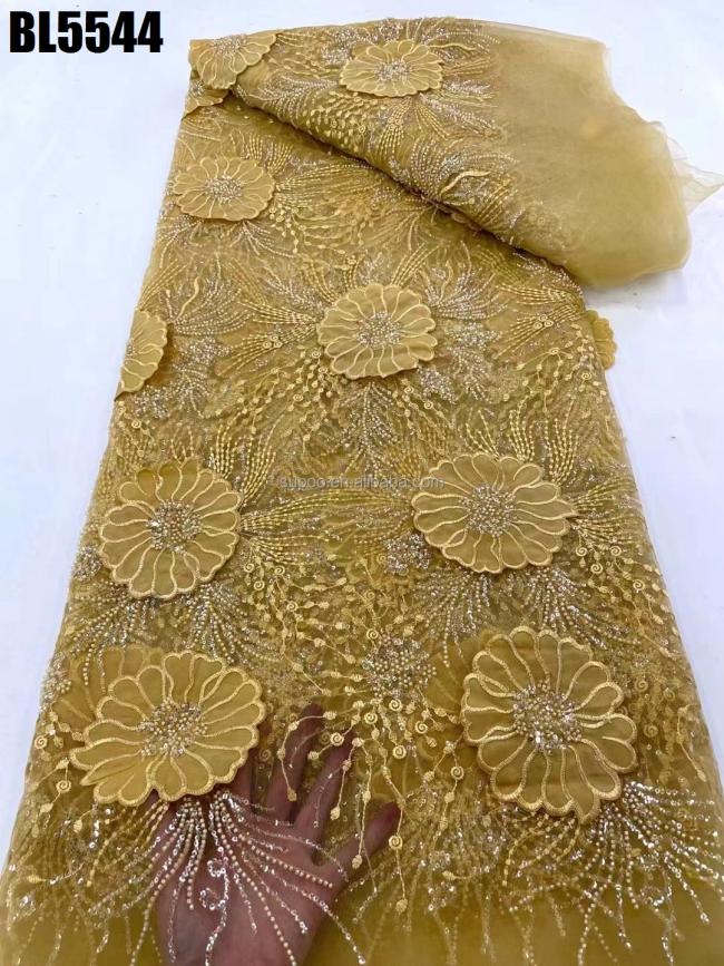fashion fabric Dubai Lace Fabric Handmade embroidery beaded bridal lace fabric white beaded lace  for wedding evening dress