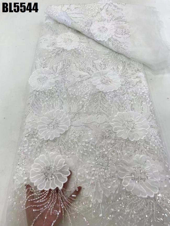 fashion fabric Dubai Lace Fabric Handmade embroidery beaded bridal lace fabric white beaded lace  for wedding evening dress
