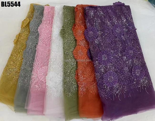 fashion fabric Dubai Lace Fabric Handmade embroidery beaded bridal lace fabric white beaded lace  for wedding evening dress