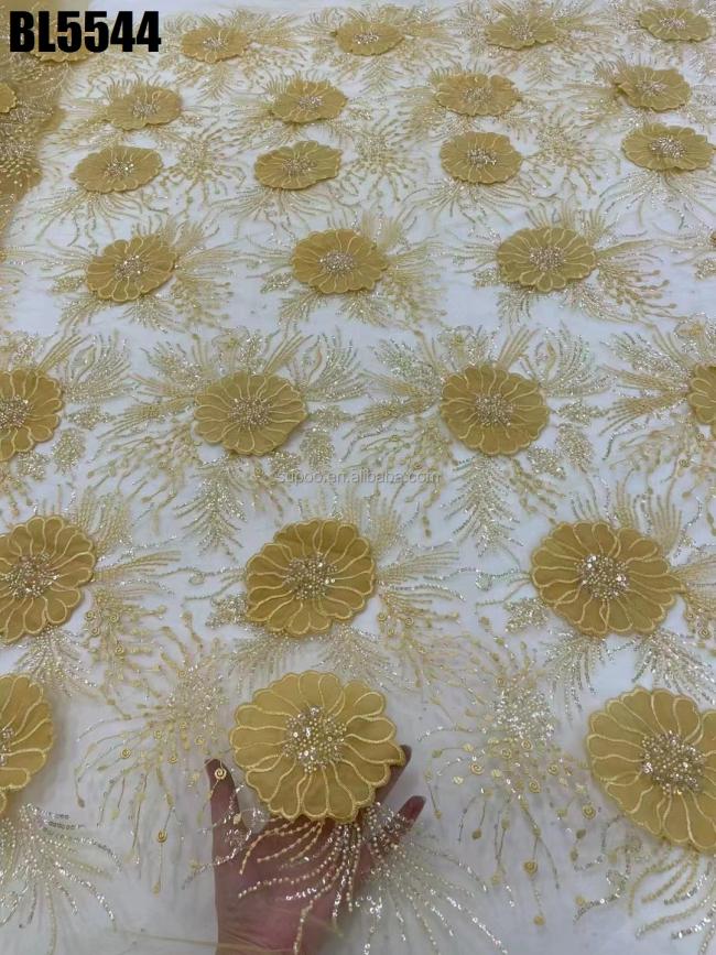 fashion fabric Dubai Lace Fabric Handmade embroidery beaded bridal lace fabric white beaded lace  for wedding evening dress