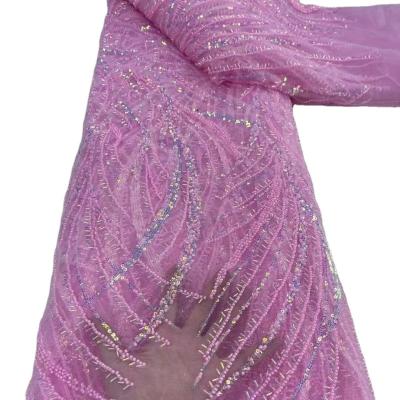 China Wedding Party Dress Bridal Dress Fabric Pink Beaded lace with sequins Austria Embroidery  African French Lace Ghana dress for sale