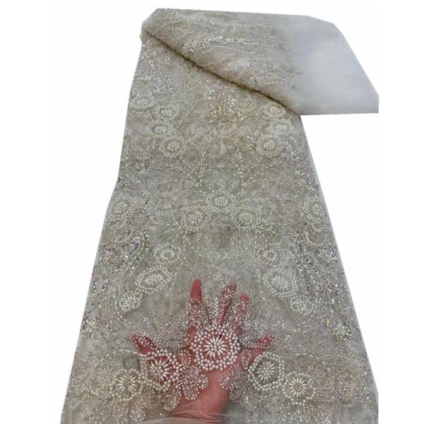Quality Luxury Pearl Lace Fabric Indian Handmade Beaded Sequin Embroidered Mesh Fabric For Dubai White Bridal Evening Gown for sale
