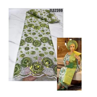 China New Arrival Quality Fancy Sequin Embroidery Mesh French African Lace Fabric For Formal Dress Abaya Dubai for sale