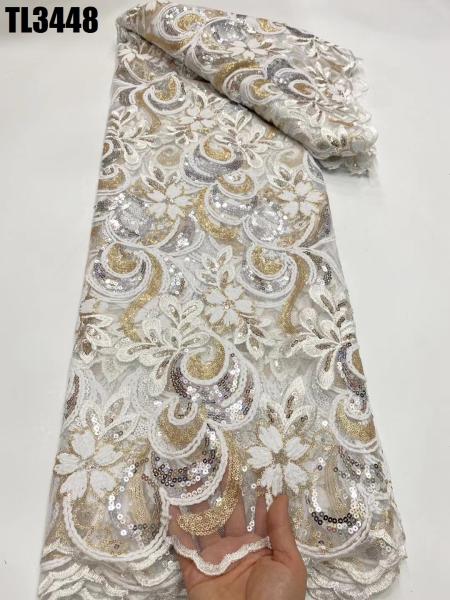 Quality 2023 New style sequins lace african fabric for wedding tulle mesh french white for sale