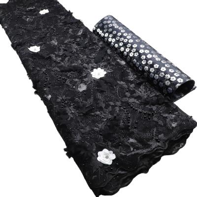 China African Beaded sequin flower applique 3d flower lace fabric mesh lace fabric embroidery organza for sale