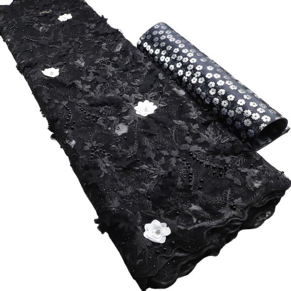 Quality African Beaded sequin flower applique 3d flower lace fabric mesh lace fabric for sale