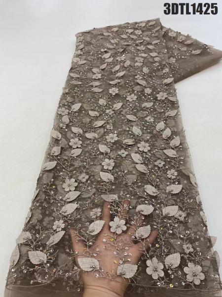 Quality Luxury Beaded Lace Fabric lilac flower lace fabric applique for dress 3d flower for sale