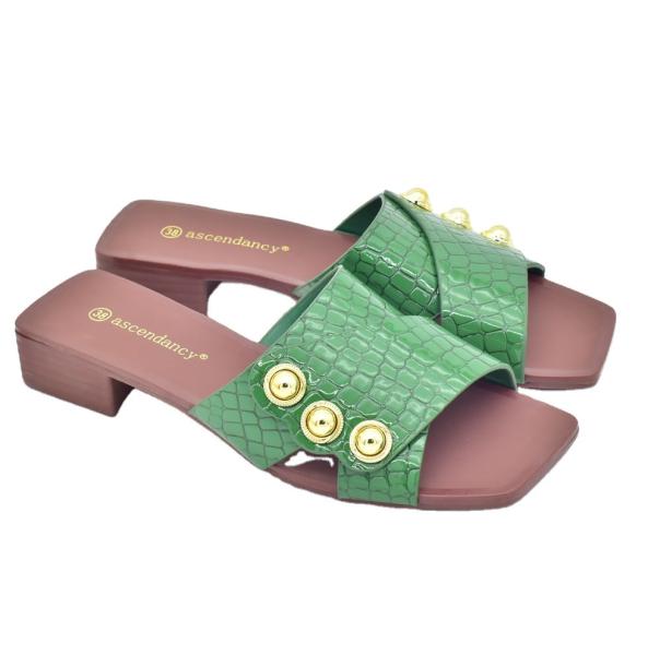 Quality Summer Green PVC ZIP Pu PU Rubber Slipper with Print Pattern and Zipper Closure for sale