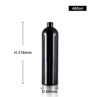 China Black Color 480ml Boston round Plastic Shampoo Bottles With Dispenser Pump for sale
