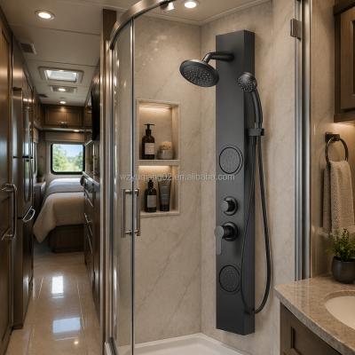 China Modern Stainless Steel Luxury Bathroom RV Shower Panel RV 4-Spray Rain Shower Matte Black Surface with Backside massage function for sale