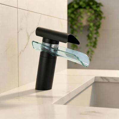 China Oersitor Chrome Matte Black Bathroom Vanity Basin Faucet Glass Waterfall Spout Cold Hot Water Mixer Taps Deck Mount Faucets (B54 black) for sale