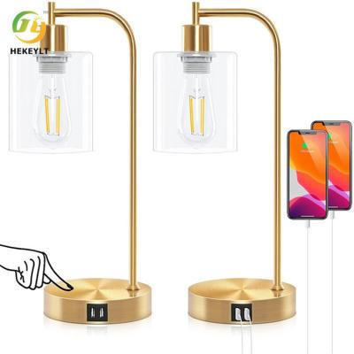 China Modern Touch Console Light with 2 USB Ports and AC Outlet with Glass Shade 3 Way Dimmable Bedside Table Light for sale