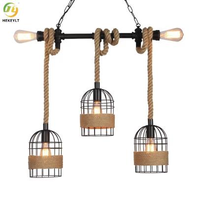 China Vintage Metallkäfig Glas Kristall Kronleuchter Hanfseil Glühbirne Licht zu verkaufen
