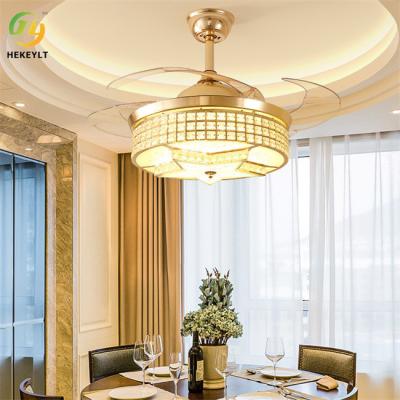 China 72W 42 Inch Downrod LED Smart Crystal Gold Ceiling Fan Light With Remote Control for sale