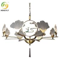 China Study Bedroom Copper LED Chandelier Lamp Dining Room Ginkgo Leaf Ceiling Light for sale