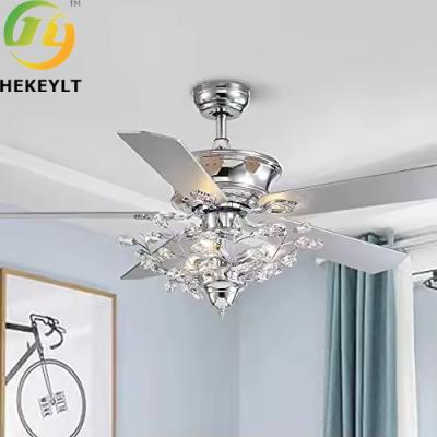 China Modern Luxury Crystal Chandelier Silent Intelligent Remote Control Ceiling Fan 52'' Metal and Glass for sale