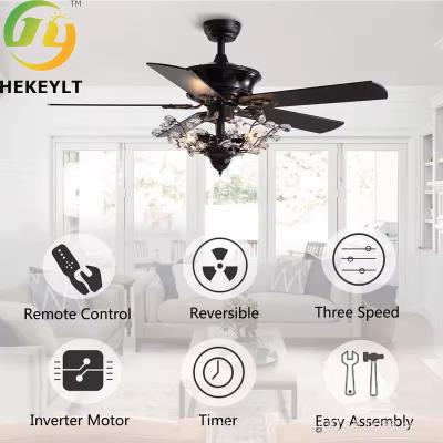 China Modern Luxury Crystal Chandelier Silent Intelligent Remote Control Ceiling Fan 52'' Metal and Glass for sale