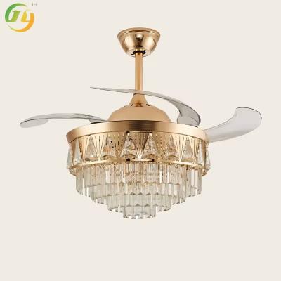 China Luxury Golden 42'' LED Remote Control Crystal And Metal Fancy Pendant Lamp Modern Home Crystal Ceiling Fan With Light for sale