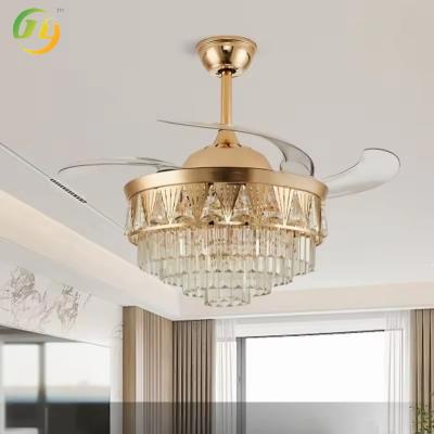 China Luxury Golden 42'' LED Remote Control Crystal And Metal Fancy Pendant Lamp Modern Home Crystal Ceiling Fan With Light for sale