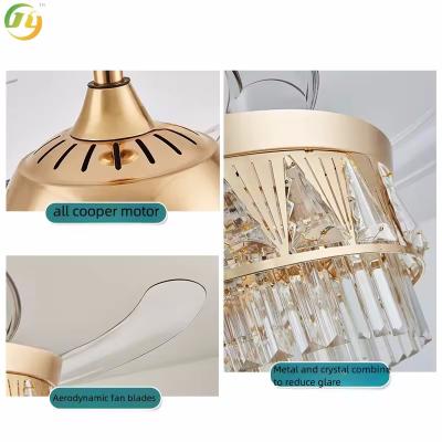 China Luxury Golden 42'' LED Remote Control Crystal And Metal Fancy Pendant Lamp Modern Home Crystal Ceiling Fan With Light for sale