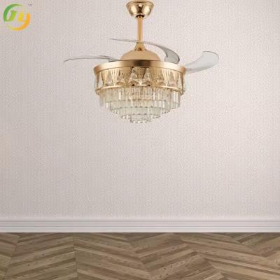 China Luxury Golden 42'' LED Remote Control Crystal And Metal Fancy Pendant Lamp Modern Home Crystal Ceiling Fan With Light for sale