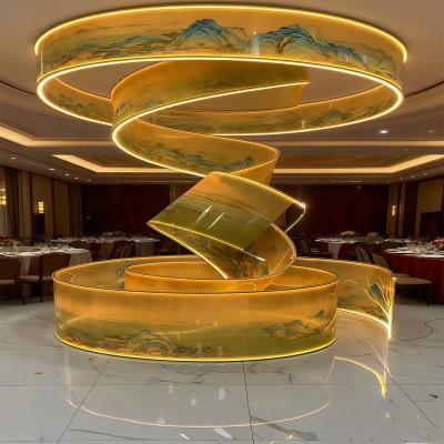 China JYLIGHTING Chinese Landscape Printed PET Spiral Art Installation Light, Custom Curved Ribbon LED Sculpture Lighting for Banquet Hall & Hotel Lobby for sale