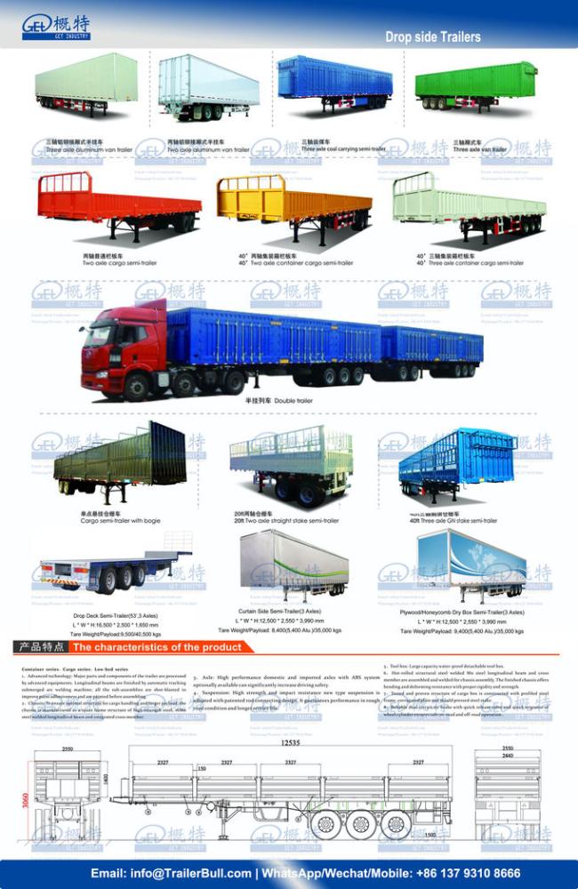 30ft Roof Opened Drop Side Trailer , Drawbar Steel Box Full Trailer With 3 Axles 5