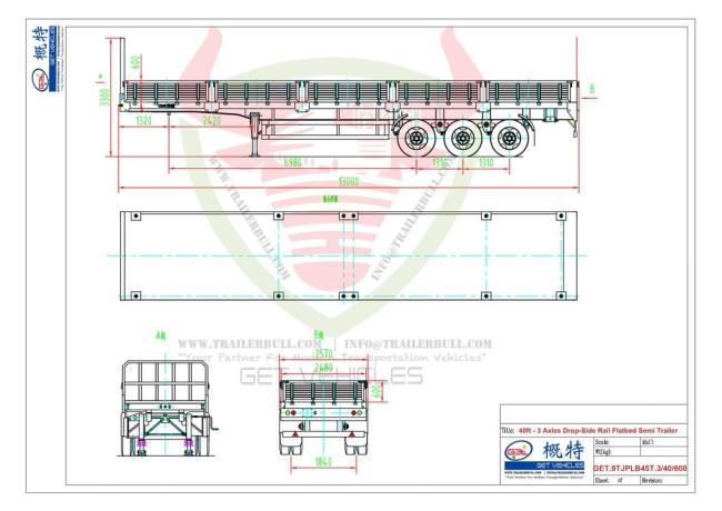 3 Axles 40FT Versatile and Reliable Drop Side Rail Wall Flatbed Semi-Trailer with Fuwa Axle 13t and Air Bag Spring Suspension