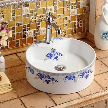 China Tabletop bathroom ceramic round shape basin with new blue design for sale