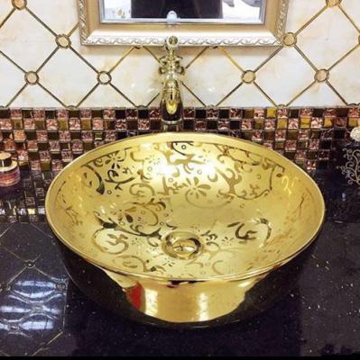 China Wholesale sanitary ware ceramic luxury round  modern golden design wash basin price chinese bathroom sink for sale