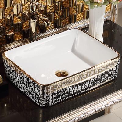 China Hotel bathroom modern european middle east market no hole luxury countertop ceramic deep golden square basin for washing for sale