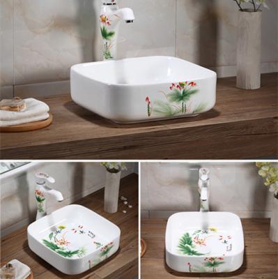 China WC Sanitary ware colorful ceramic bathroom hand painted chinese style good sale green sqaure no hole wash hand basin for sale