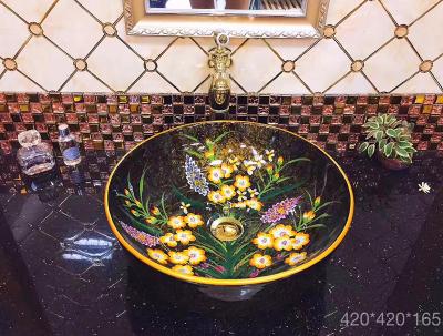 China Bathroom Ceramic round good sale new decal dark hand paintting art no hole wash basin sink for sale