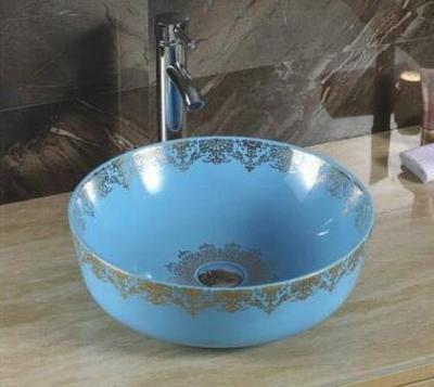 China Luxury hotel bathroom ceramic round shape blue color wash hand basin sink with european popular design for sale