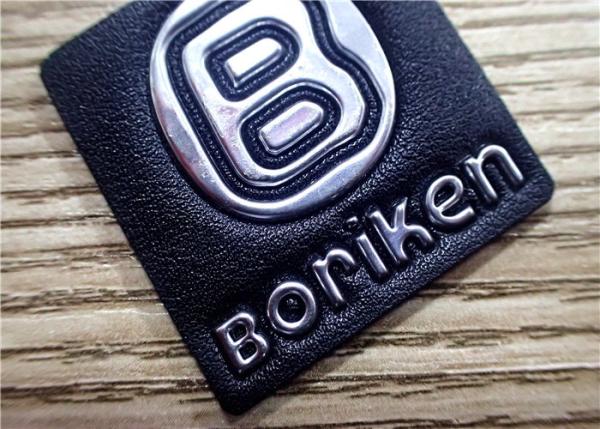 Quality Black Embossed Leather Patches With Silver Embossment TPU Logo For Bags for sale