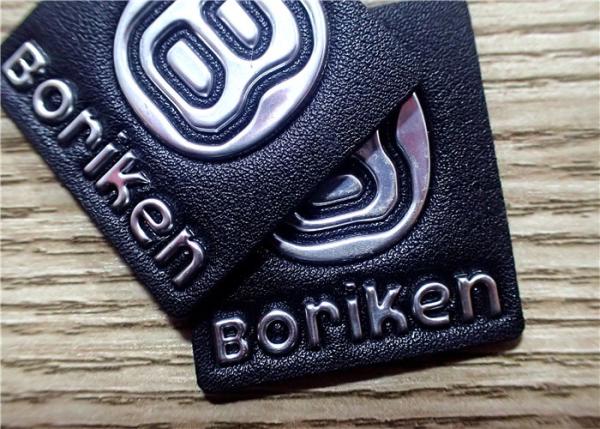 Quality Black Embossed Leather Patches With Silver Embossment TPU Logo For Bags for sale