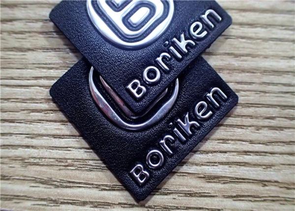 Quality Black Embossed Leather Patches With Silver Embossment TPU Logo For Bags for sale