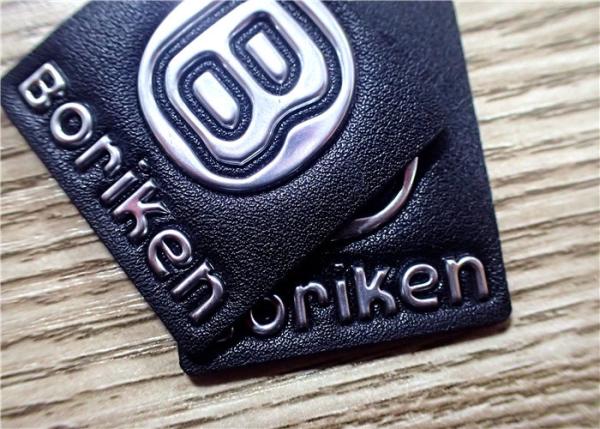 Quality Black Embossed Leather Patches With Silver Embossment TPU Logo For Bags for sale