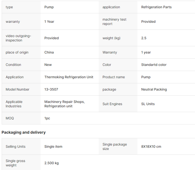 13-3507 Water Pump for Thermoking SL Series Engines