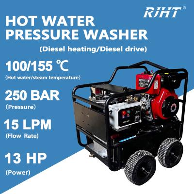 China RJHT 3‑in‑1 Diesel Engine Driven Pressure Washer 250bar 15LPM Cold Hot Steam Diesel Heated Industrial Cleaner for sale