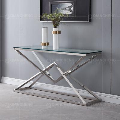 Cina Tabella di console francese di stile della Tabella di console di acciaio inossidabile del vetro trasparente 151x40x75.5cm in vendita