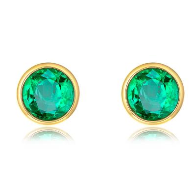 China Yellow Gold Real Gemstone Jewelry Round Emerald Stud Earrings Simple Style for sale