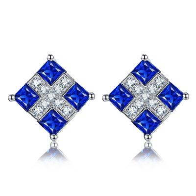 China Square Sapphire Stud Earrings 18k Gold Gemstone Earrings Diamond Accents for sale