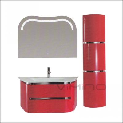 China Red Color Bathroom Vanity Modern Bathroom Cabinet With Glass Basin LED Touch Mirror for sale