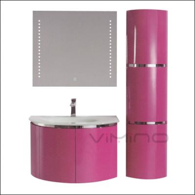 China Purple Color Bathroom Cabinet Contemporary Bathroom Vanity Combo With Glass Sink LED Mirror And Big Side Cabinet for sale