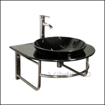 China Black Glass Vanity Sink Vessel For Bathroom Wall Mounted Glass Bathroom Vanity for sale