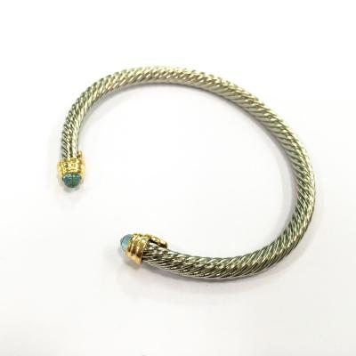 China (B-54)Fashion Jewelry Yellow Gold Silver Tone Plated Cable Bangle with Bule Cubic Zircon for sale
